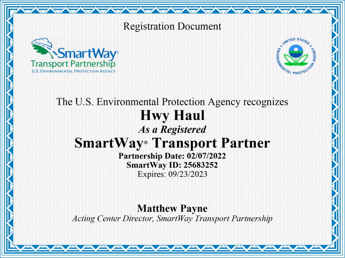 The U.S. Environmental Protection Agency recognizes Hwy Haul as a ...